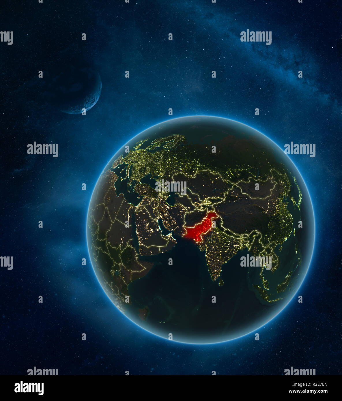 Pakistan at night from space with Moon and Milky Way. Detailed planet ...