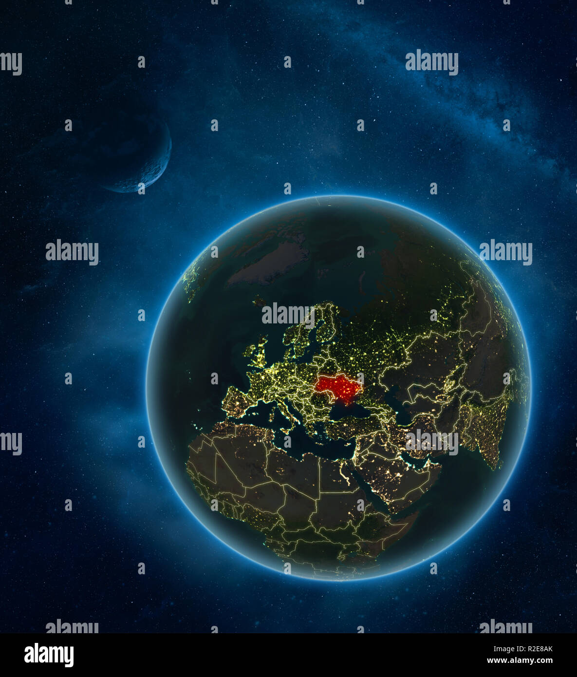 Ukraine at night from space with Moon and Milky Way. Detailed planet ...