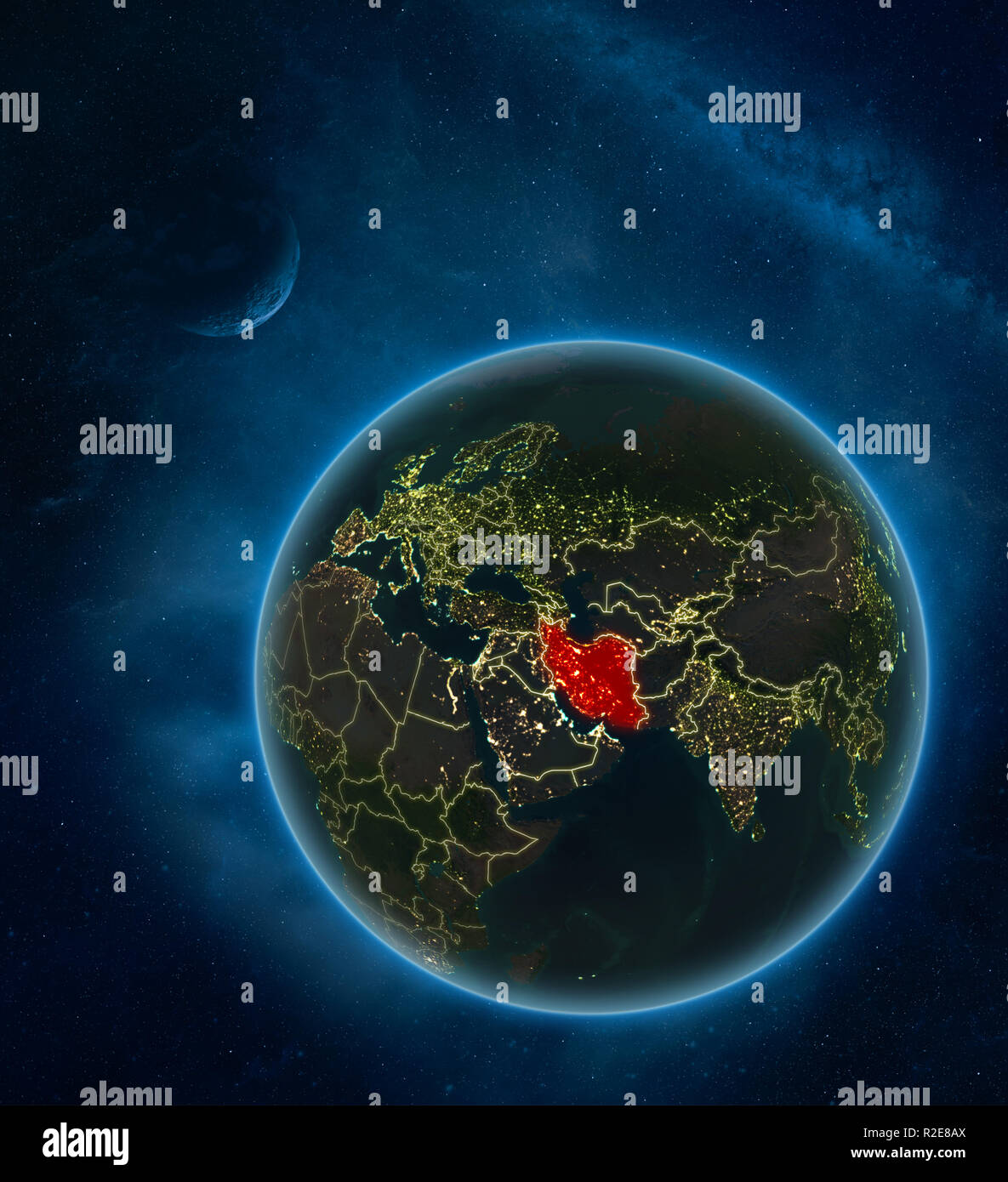 Iran at night from space with Moon and Milky Way. Detailed planet Earth ...