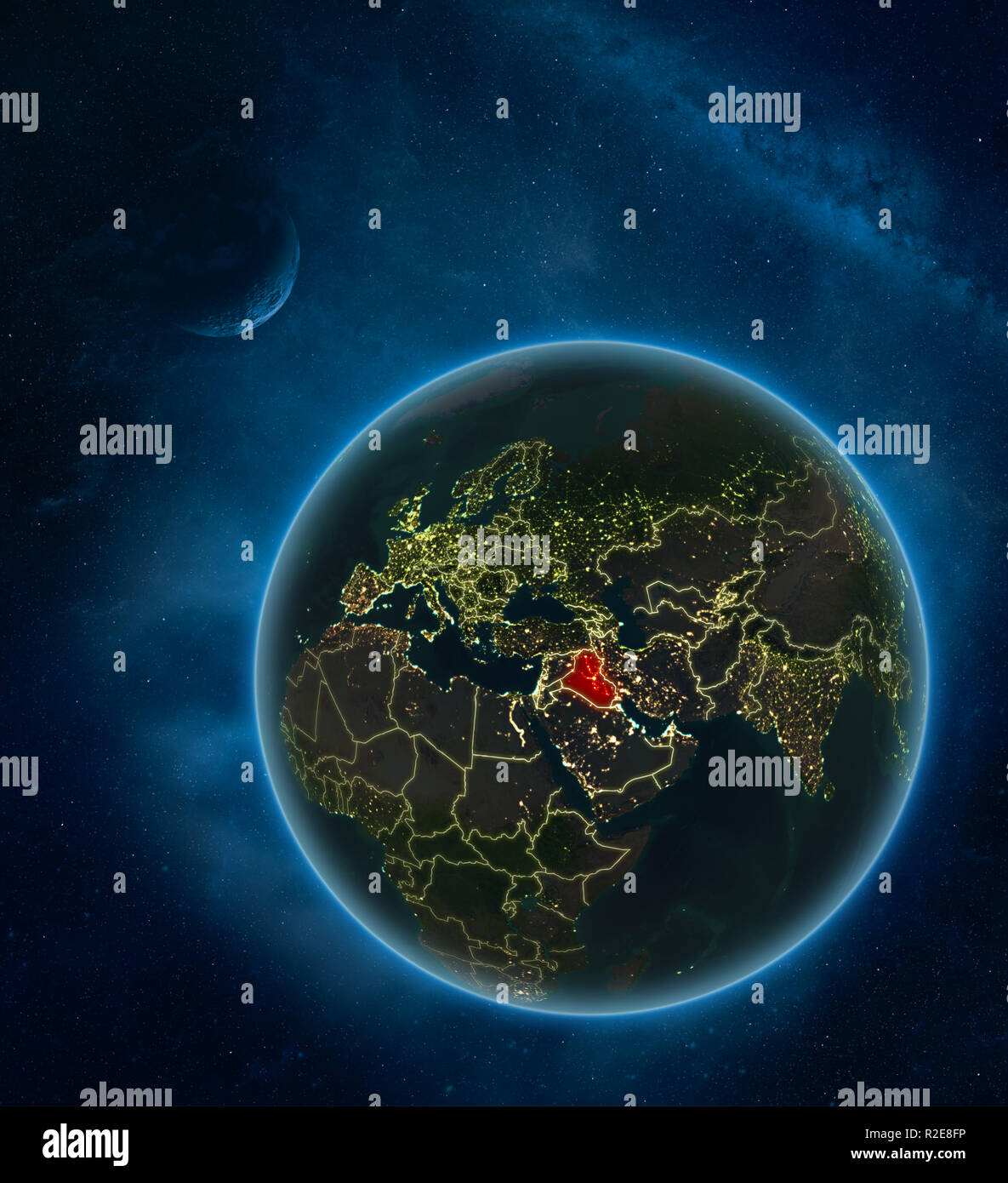 Iraq at night from space with Moon and Milky Way. Detailed planet Earth ...