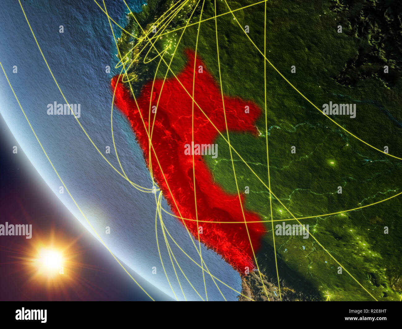 Peru on planet Earth from space with network. Concept of international ...