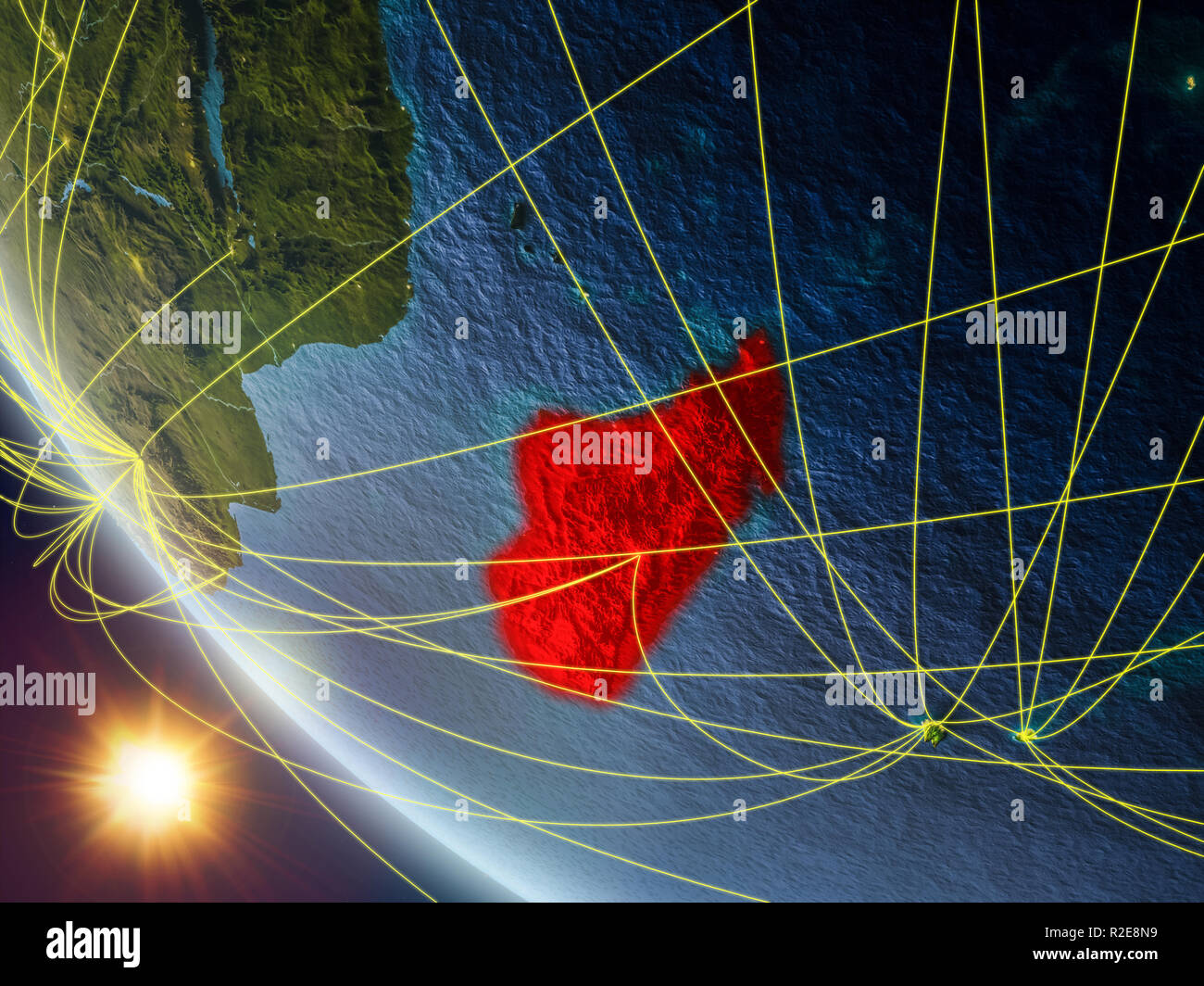 Madagascar on planet Earth from space with network. Concept of ...
