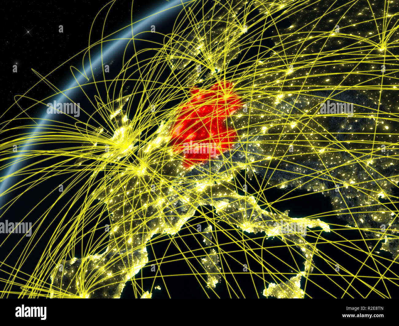 Germany on model of planet Earth at night with international networks ...