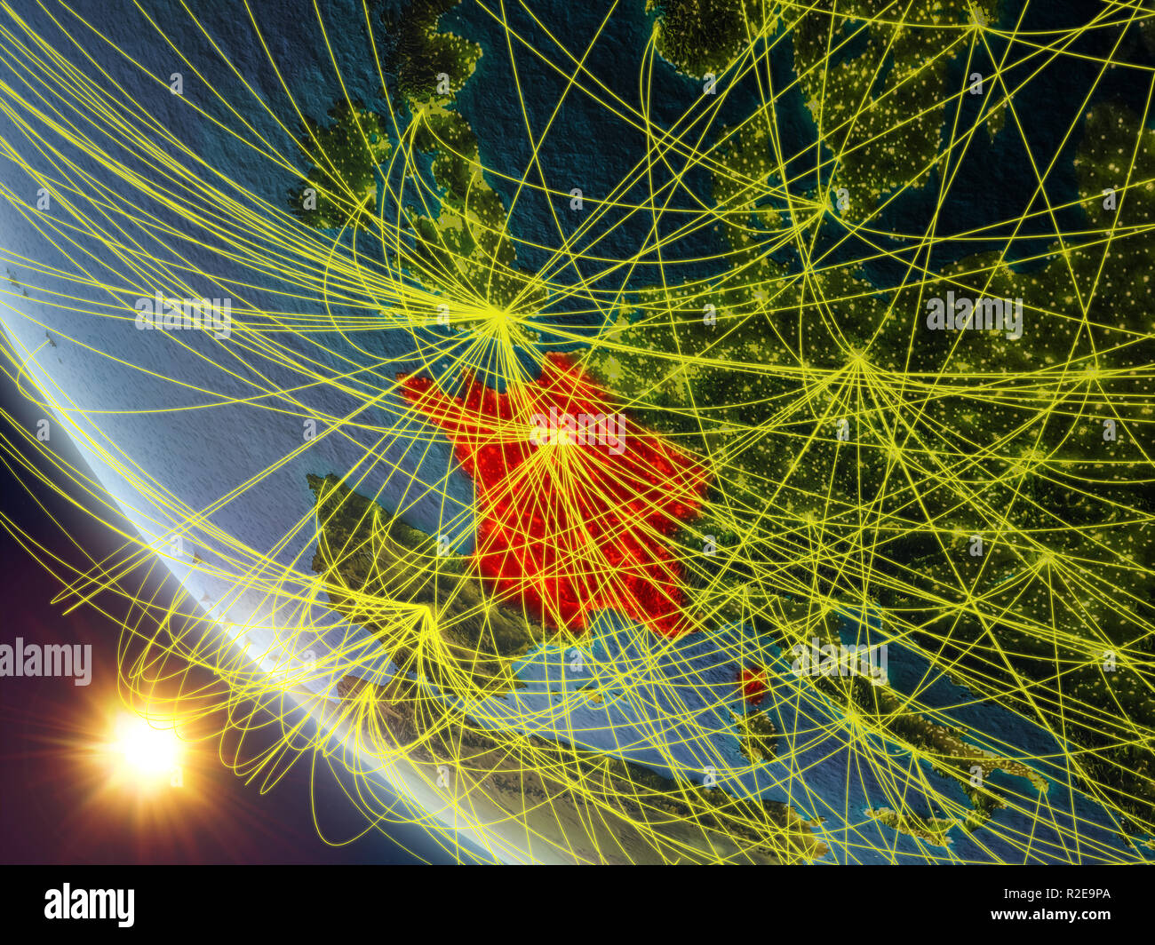 France on planet Earth from space with network. Concept of ...