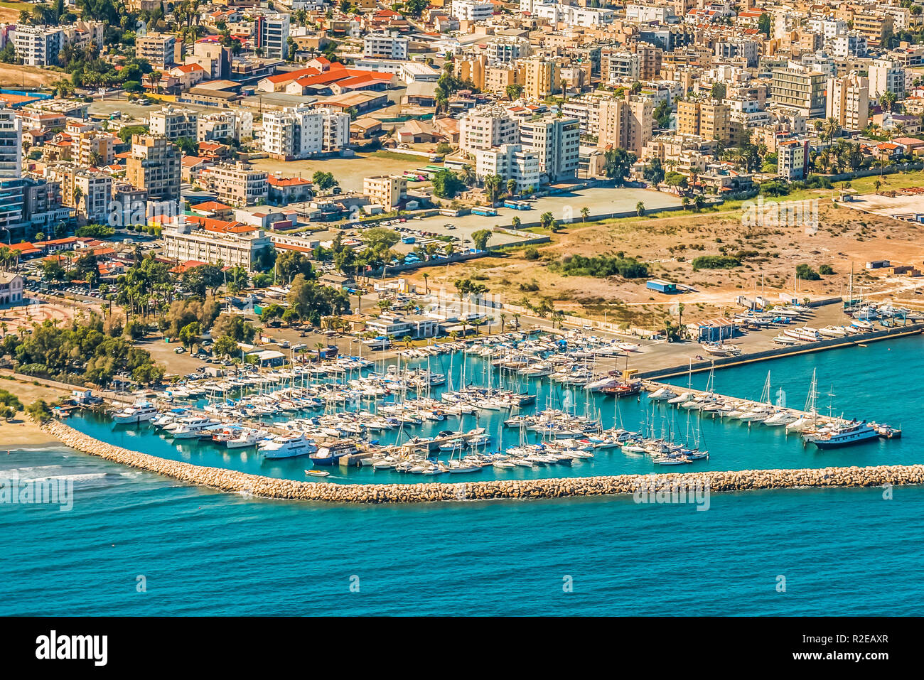 Sea port city of Larnaca, Cyprus. View from the aircraft to the ...