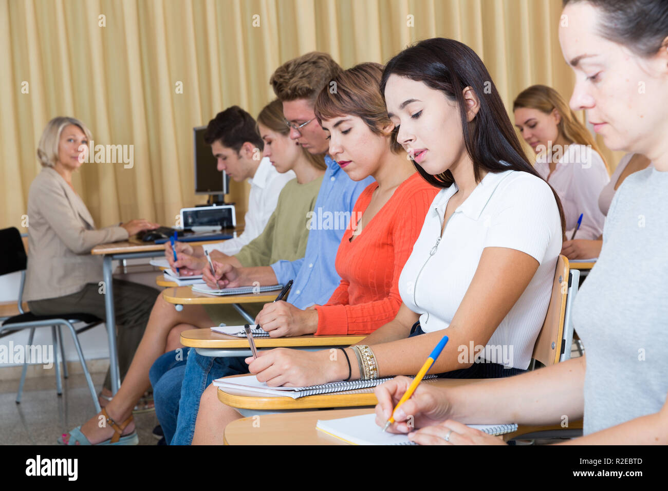 Side view of modern young people with female lecturer on training ...