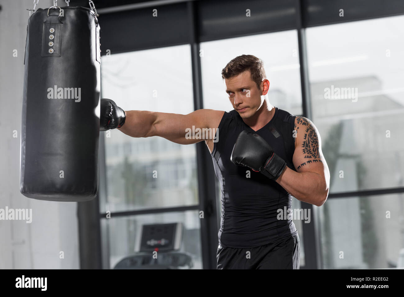 handsome muscular boxer exercising with punching bag in gym Stock Photo ...