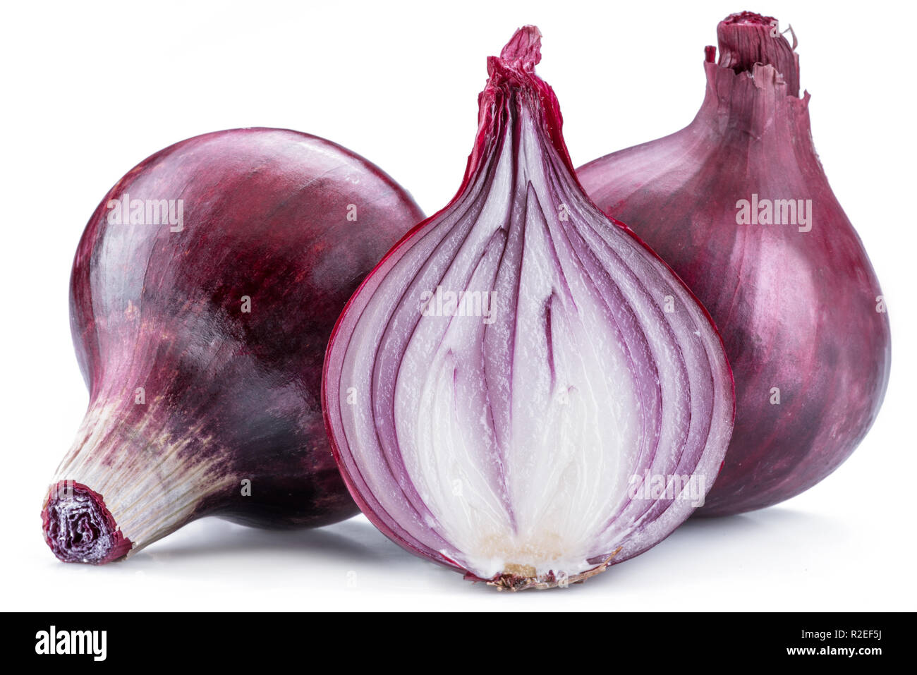 Red onion bulb and cross section of onion on white background Stock ...