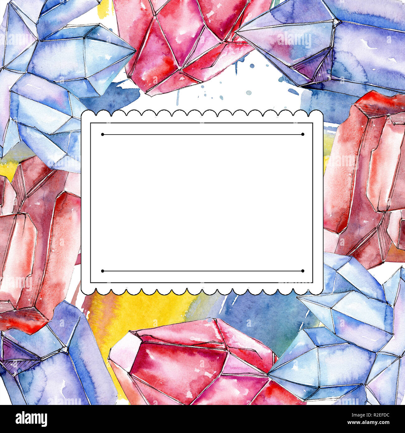 Red and blue diamond crystal mineral. Frame border ornament square ...