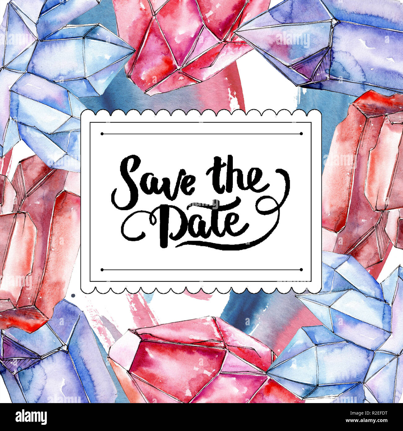Red and blue diamond crystal mineral. Save the date handwriting ...
