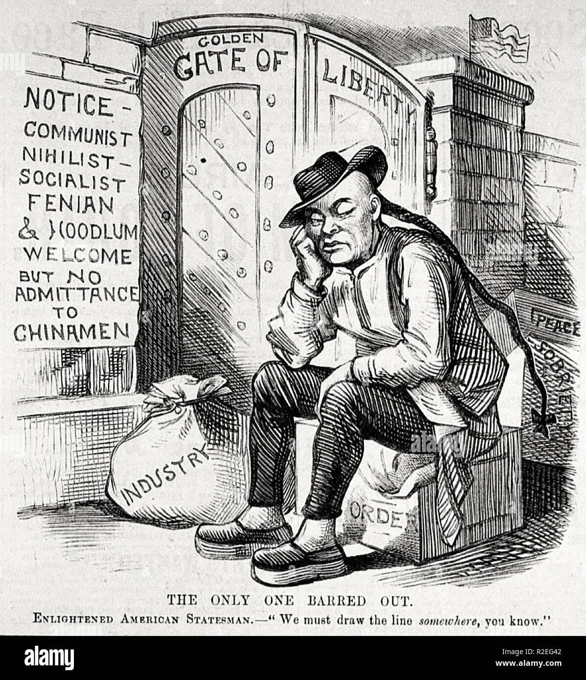 Editorial cartoon showing a Chinese man, surrounded by luggage labeled ...