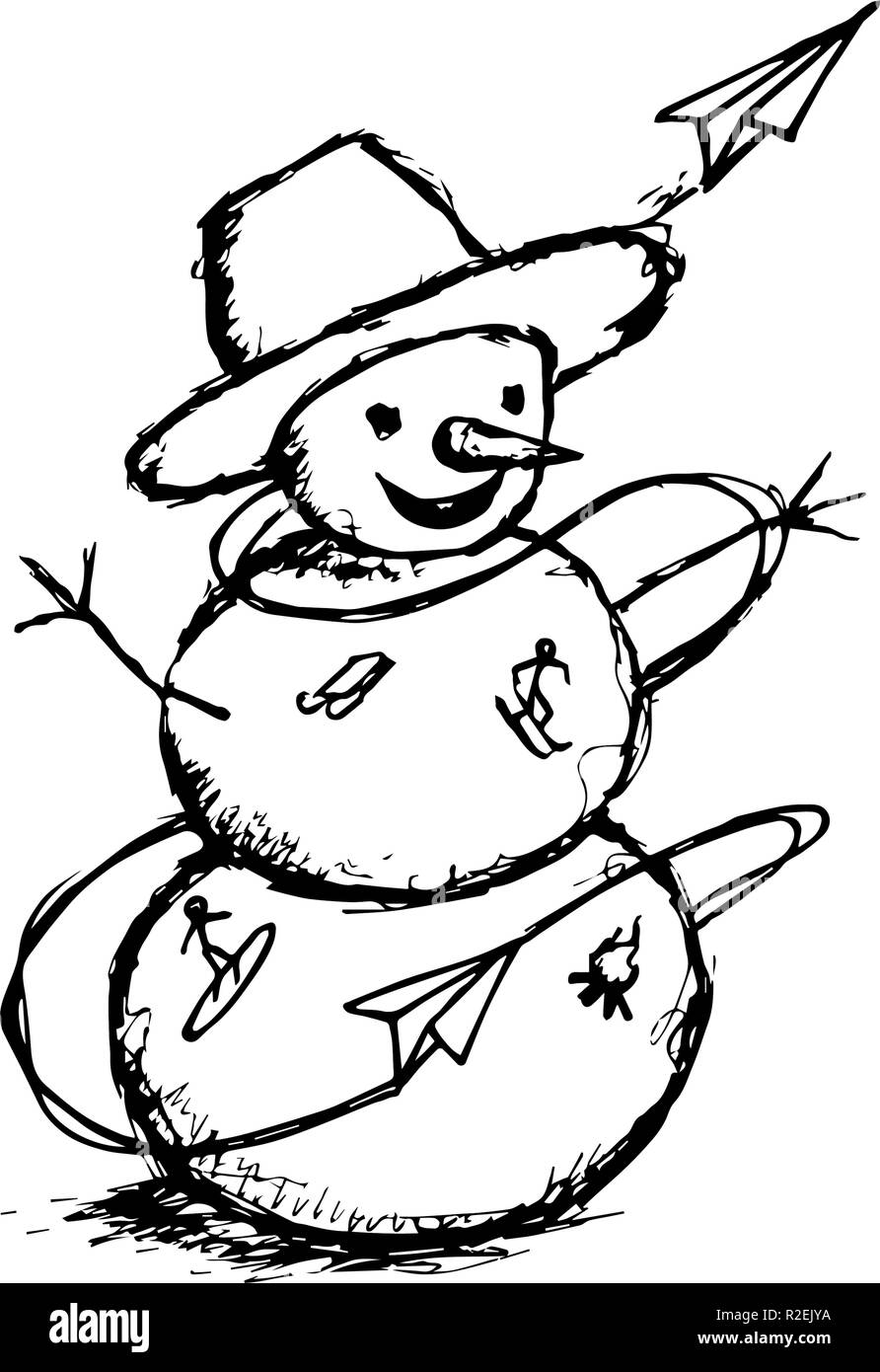 Abstract hand drawing of a snowman with illustration of a winter ...