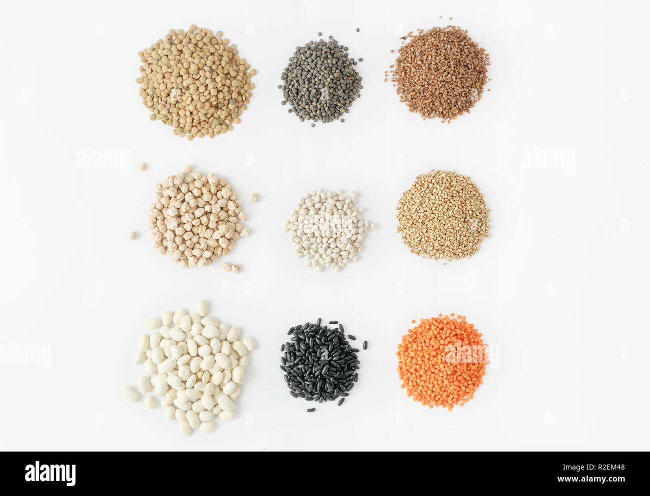 Set of cereals on white background. Healthy food, source of protein for ...