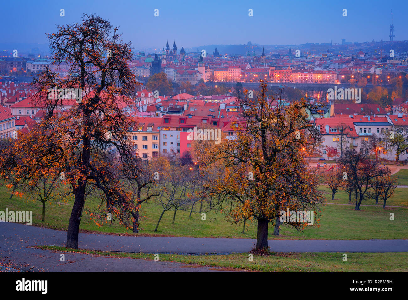Beautiful view over Prague historical landmarks in autumn (fall) with ...