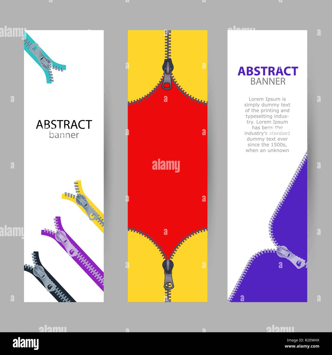 Set vertical banners with empty place for text. open and closed metal zippers on red, white and ...