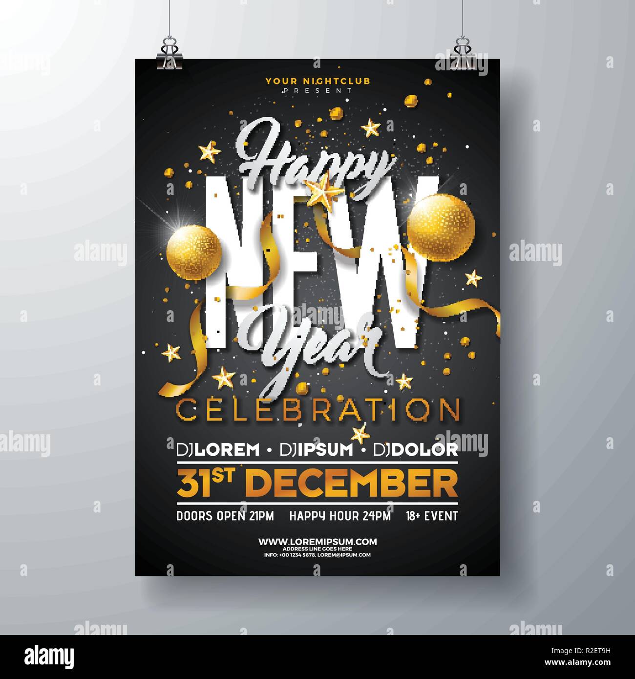 Happy New Year Party Celebration Poster Template Illustration with Gold ...