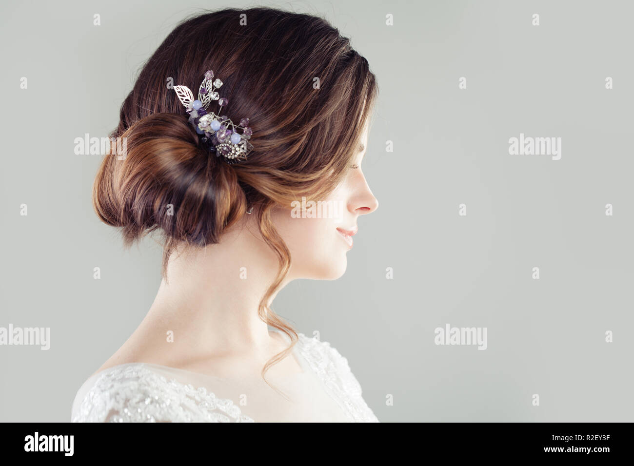 Bridal hairdo. Updo hair with hairdeco, female portrait Stock Photo - Alamy