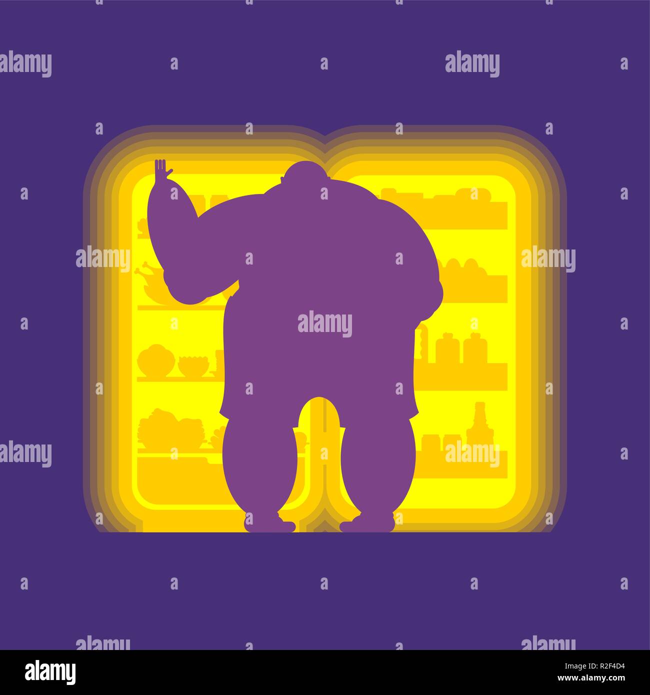 Open fridge night And fat man. Food silhouette. Refrigerator for ...