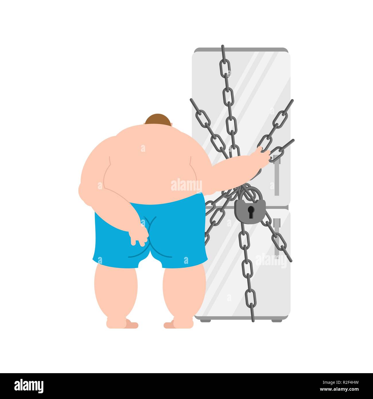 Closed refrigerator chain and fat man. Large padlock. Stop food eating ...