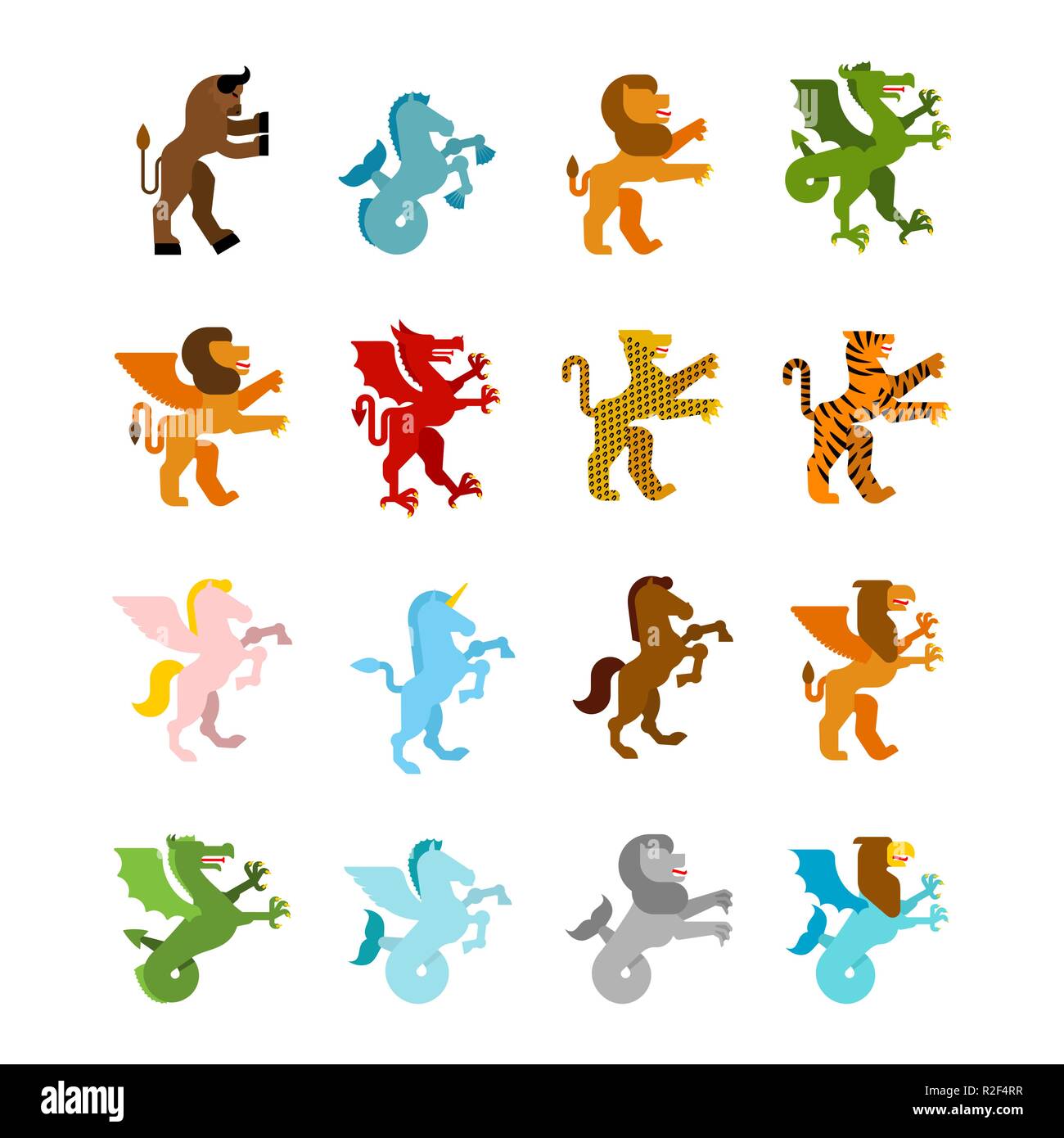 Heraldic animal set. Hippocampus and lion. Dragon and wyvern. Fantastic ...