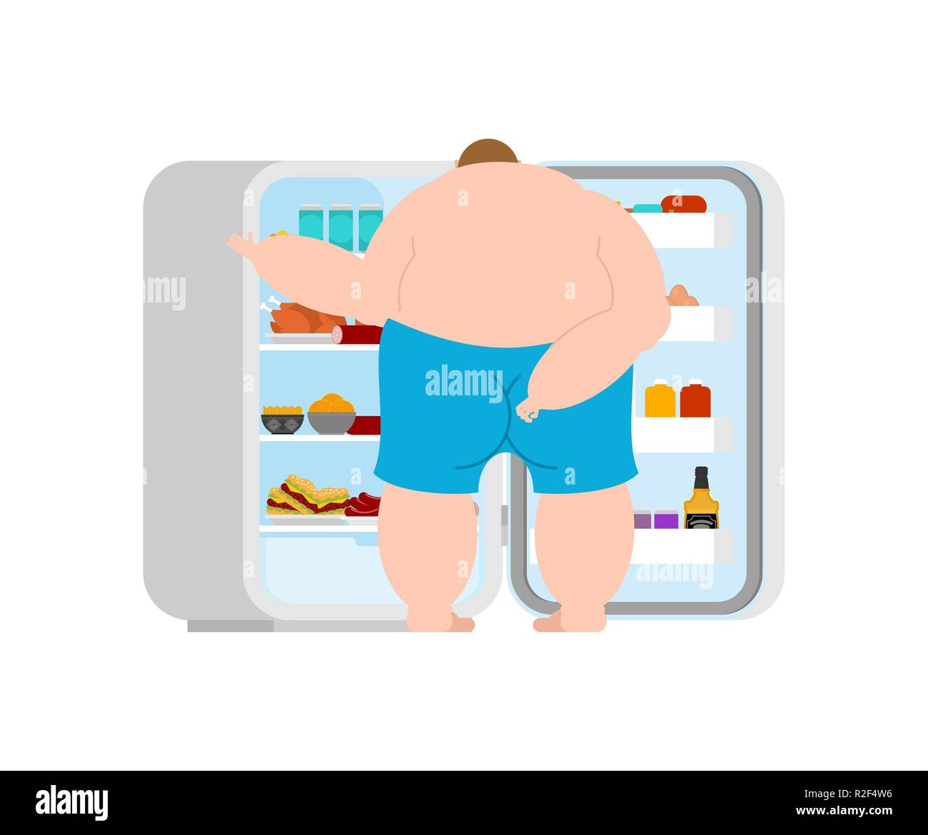 Open fridge And fat man. lot of food. Refrigerator for glutton Stock ...