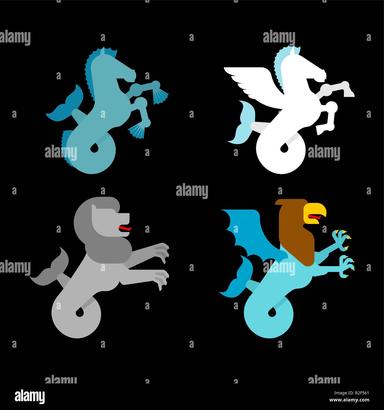 Heraldic animal set. Sea-lion and hippocampus. Sea griffin and Sea ...