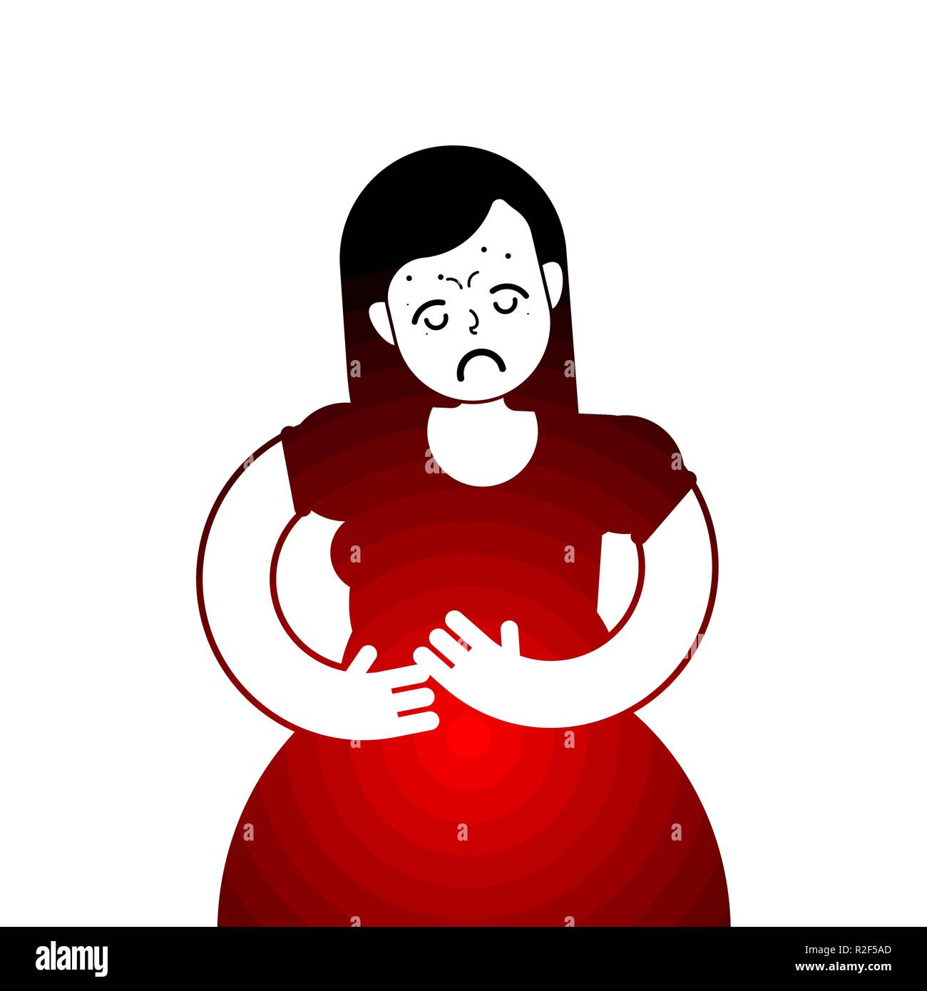 PMS icon. Menstrual pain girl sign. Woman suffering from abdominal pain ...