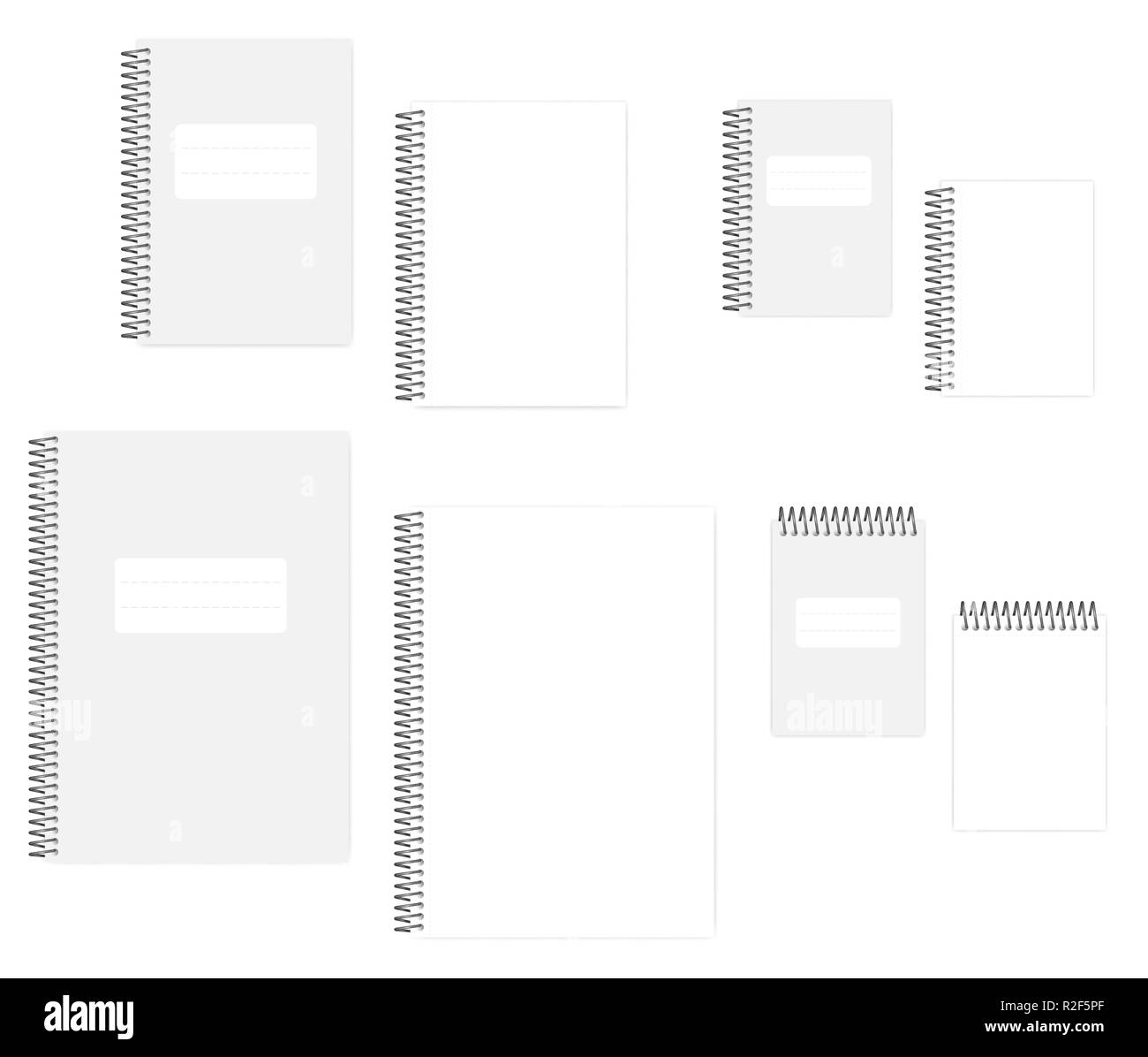Blank wire bound notebook with tear off sheets, vector mockup set. A4, A5, A6 size. Empty spiral ...