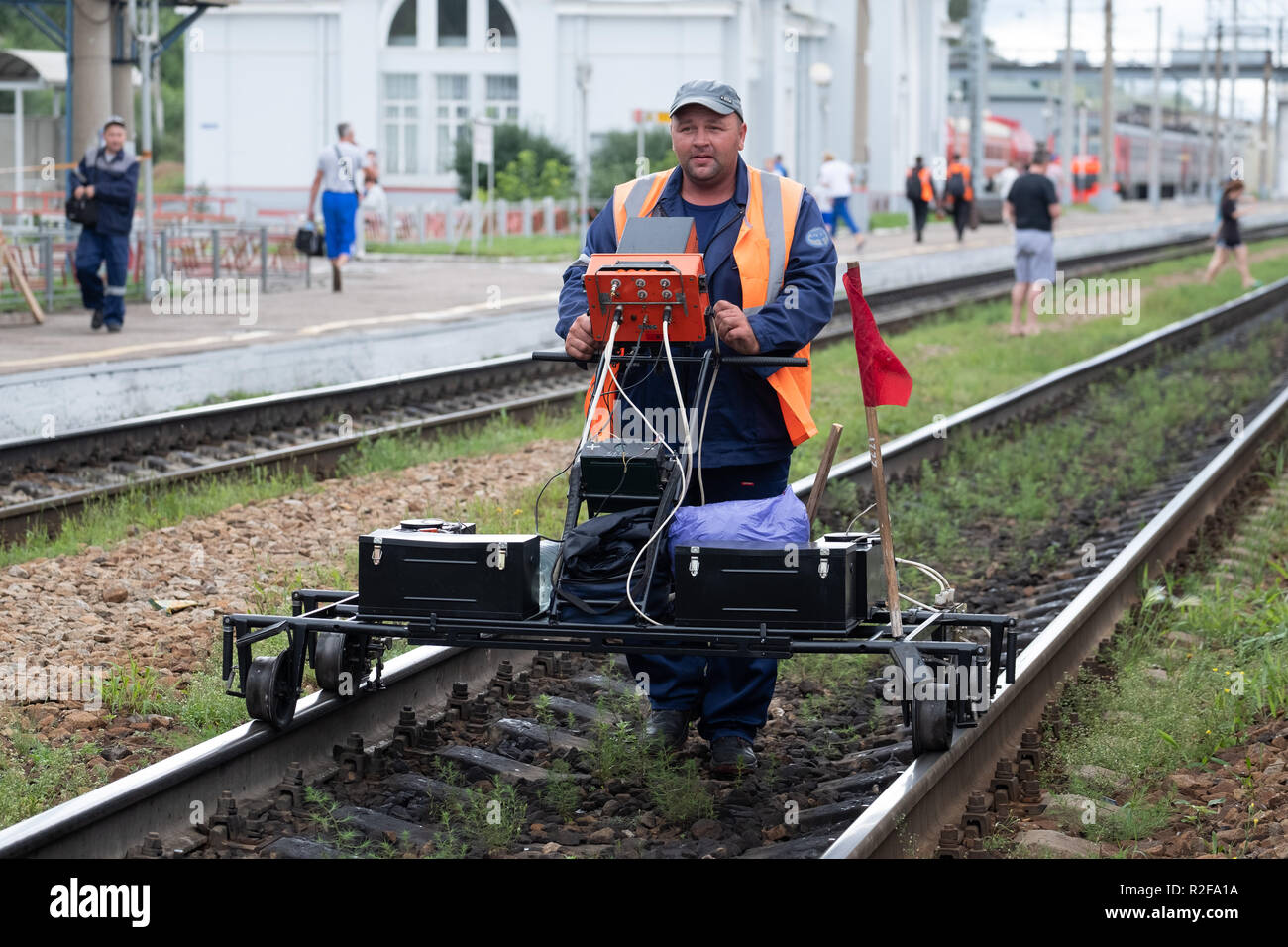 Khilok, Transbaikal region, Russia - August 18, 2018: Railway worker ...