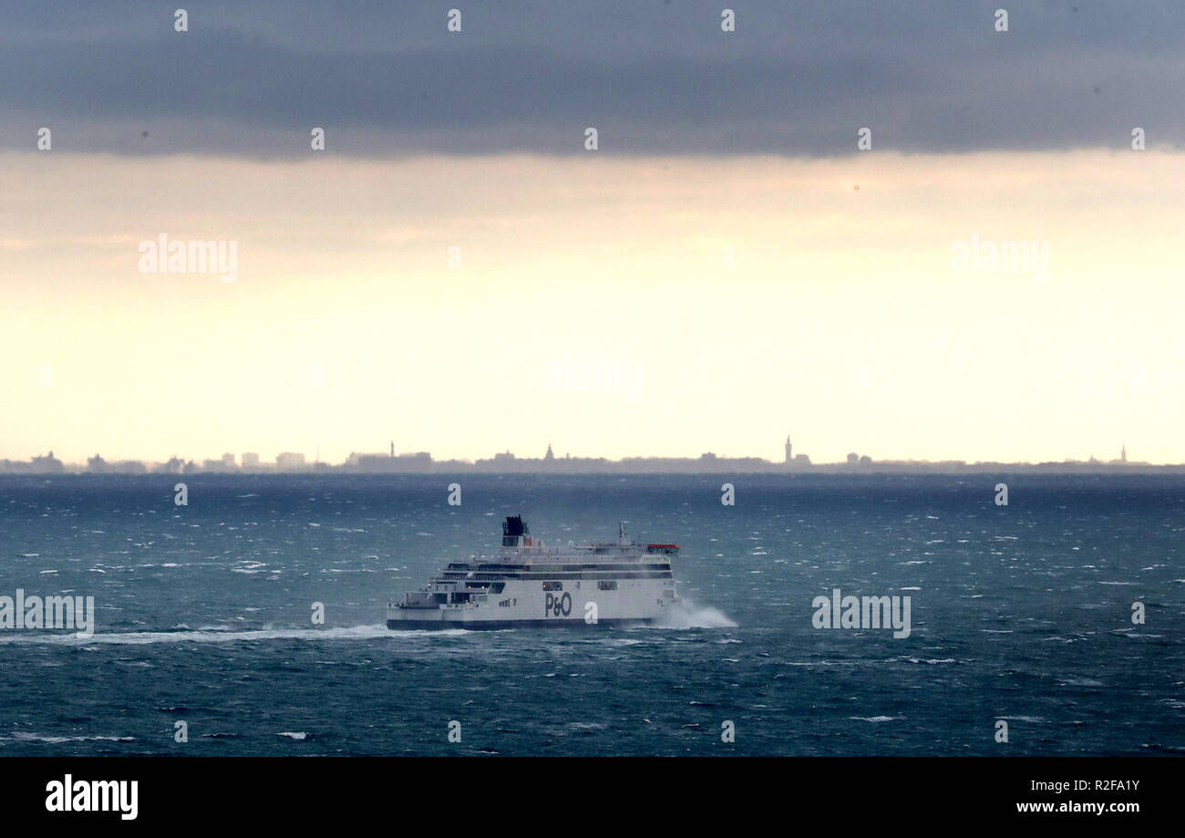 A P&O ferry leaves the Port of Dover in Kent during stormy weather ...