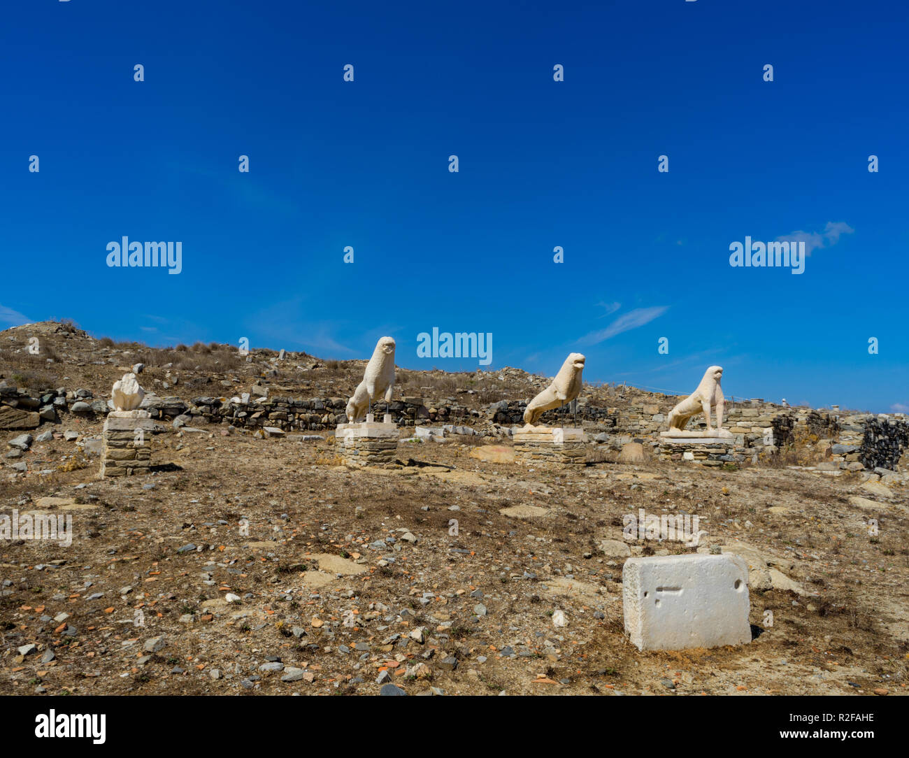 The ancient lion statues on the sacred island of Delos, Greece. The ...