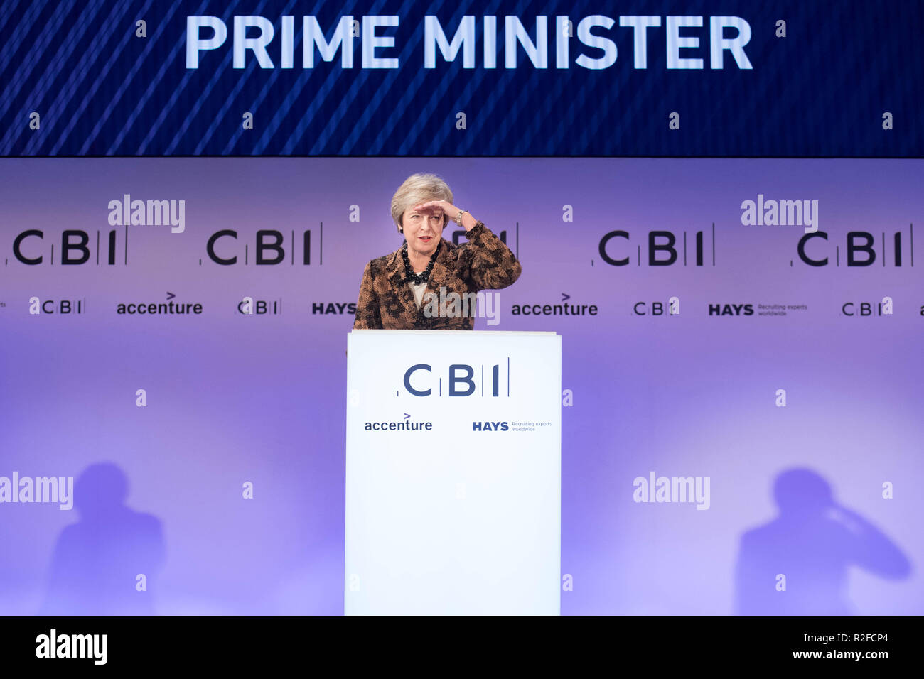 Prime Minister Theresa May speaking at the CBI annual conference at ...