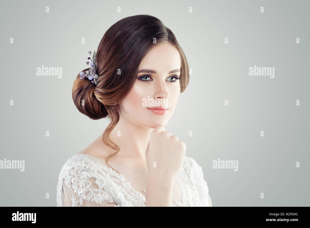 Beautiful woman with perfect updo hair and makeup, fashion portrait ...