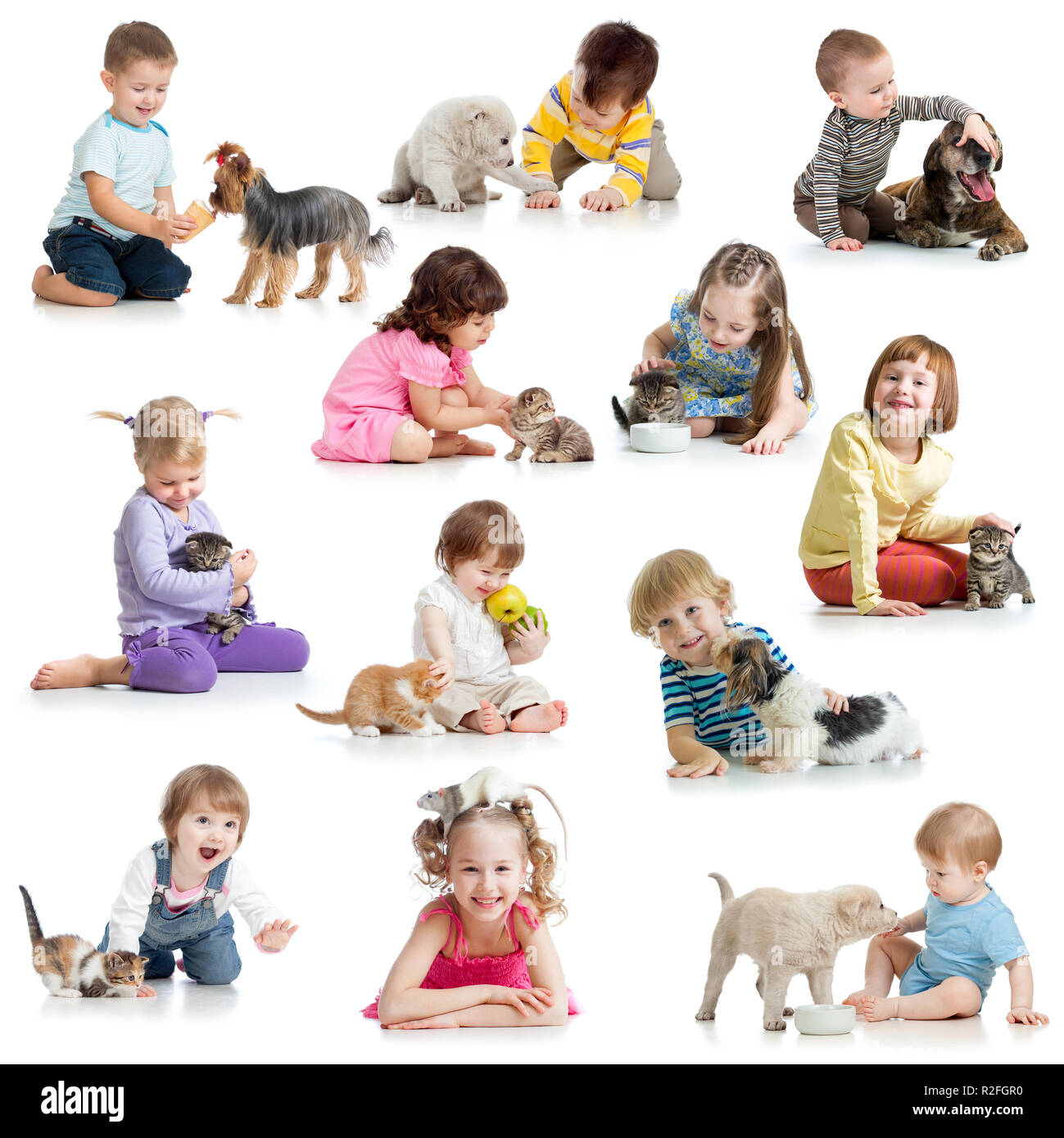 set of children babies kids with pets isolated on white Stock Photo - Alamy