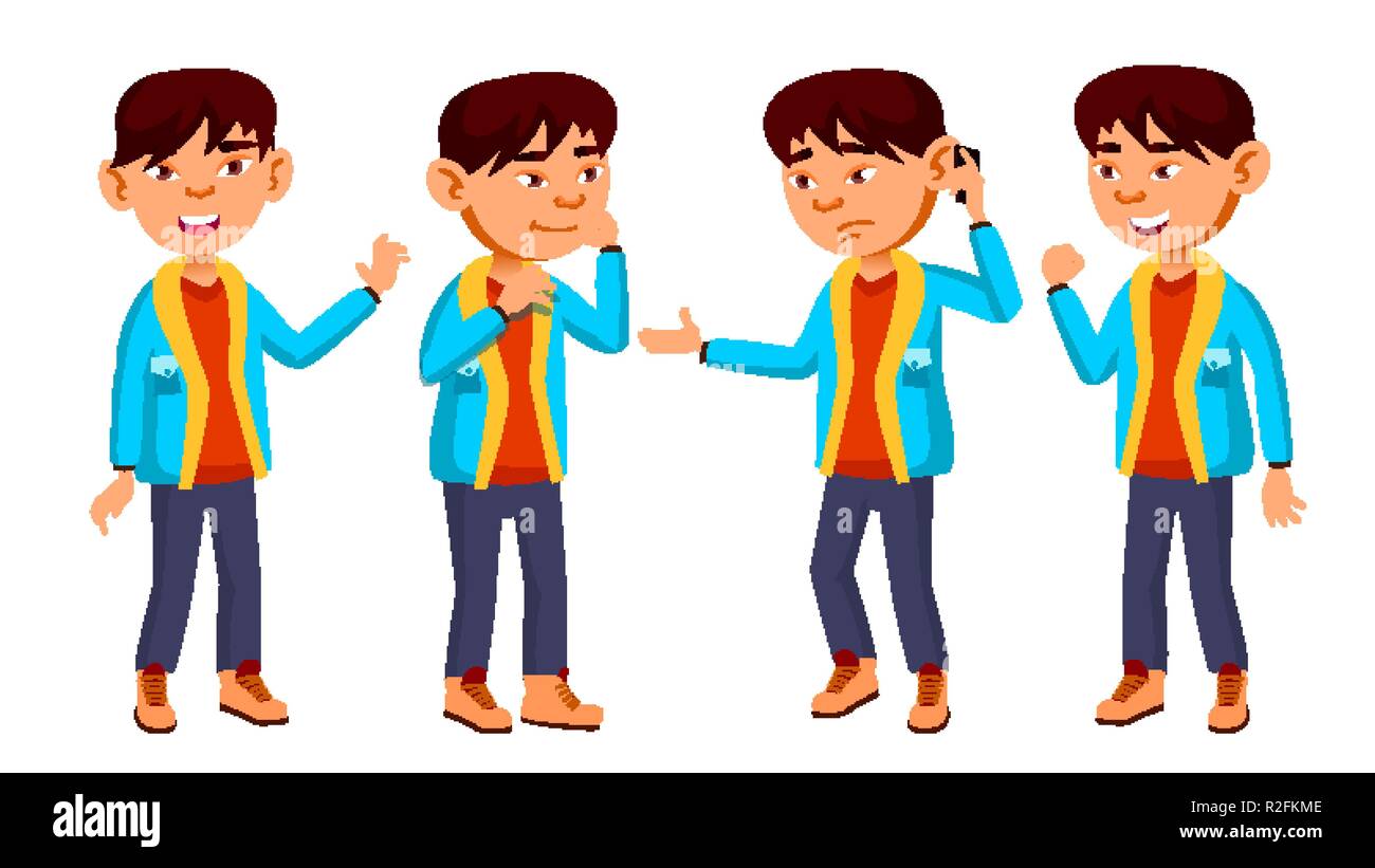 Asian Boy Schoolboy Kid Poses Set Vector. Primary School Child. Funny ...