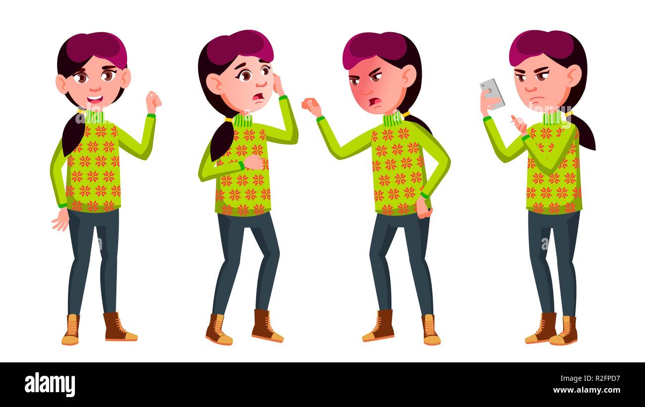 Girl Schoolgirl Kid Poses Set Vector. High School Child. Secondary ...