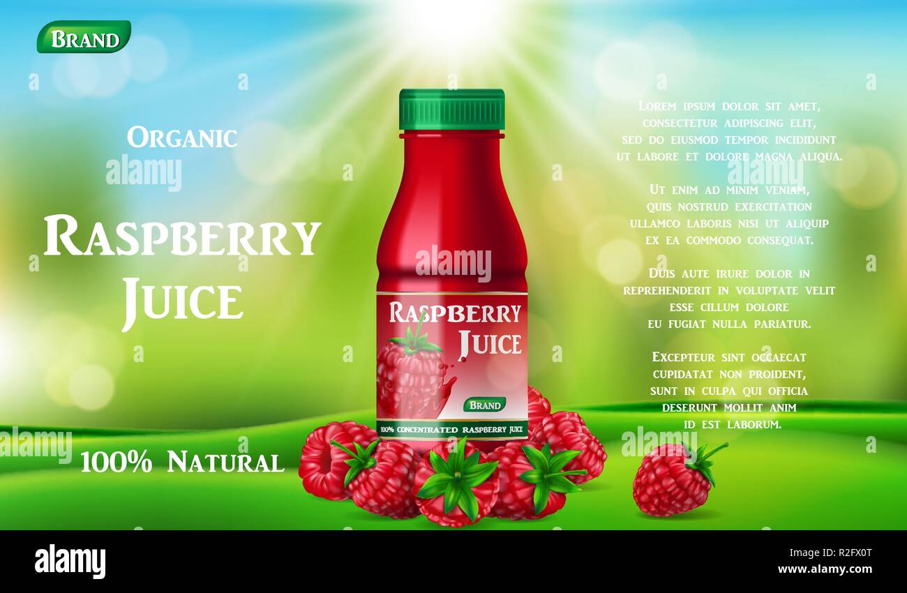 Raspberry juice bottle on green grass. fruit juice container package ad ...