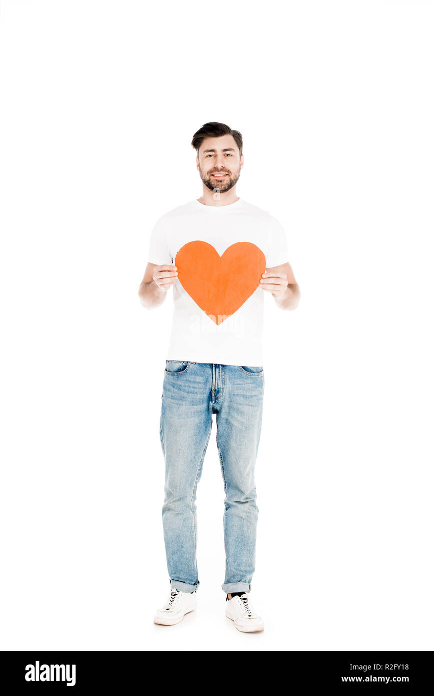 Handsome man showing red big heart shape sign isolated on white Stock ...