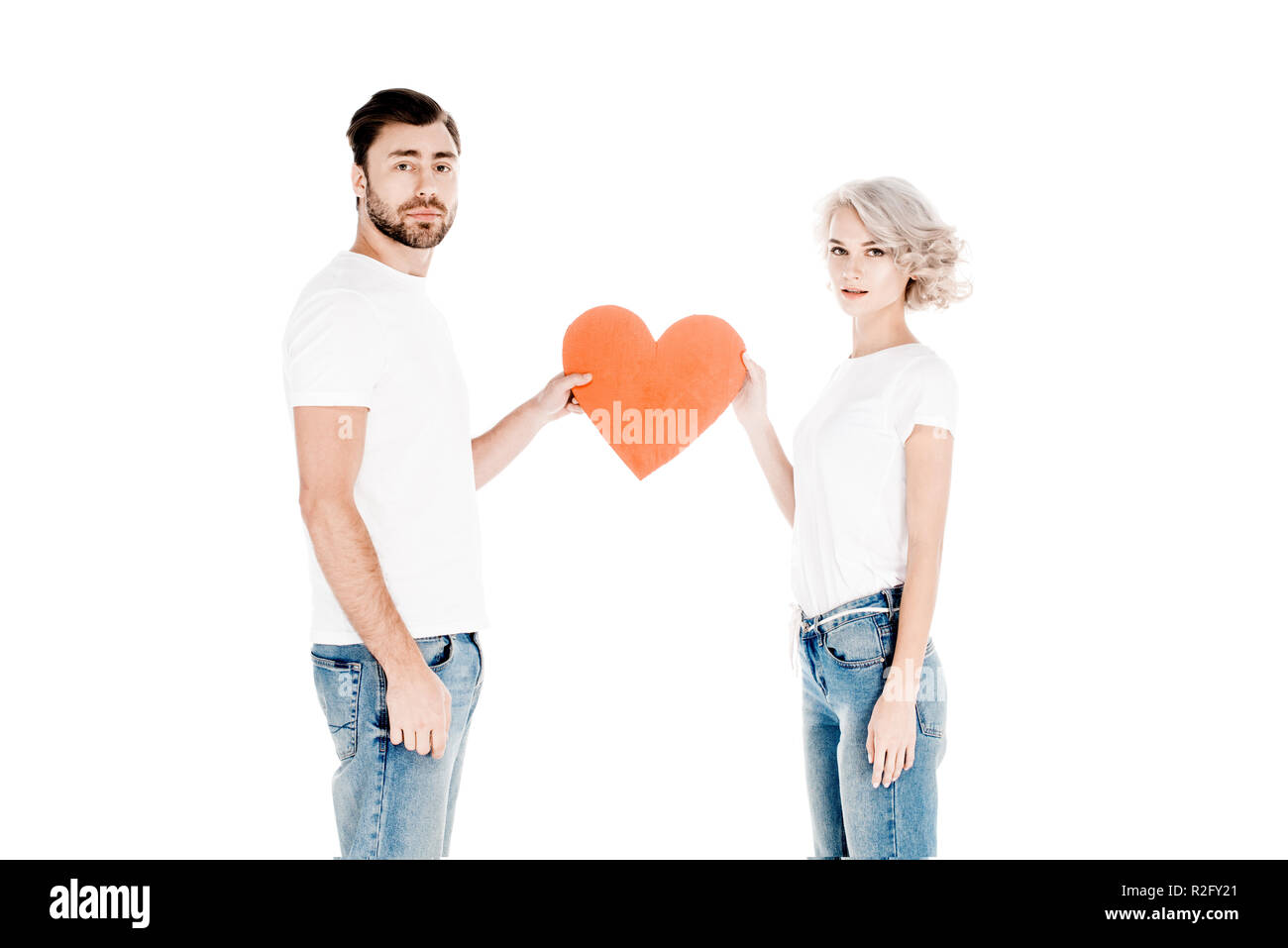 Great attractive couple holding signs love isolated on white Stock ...
