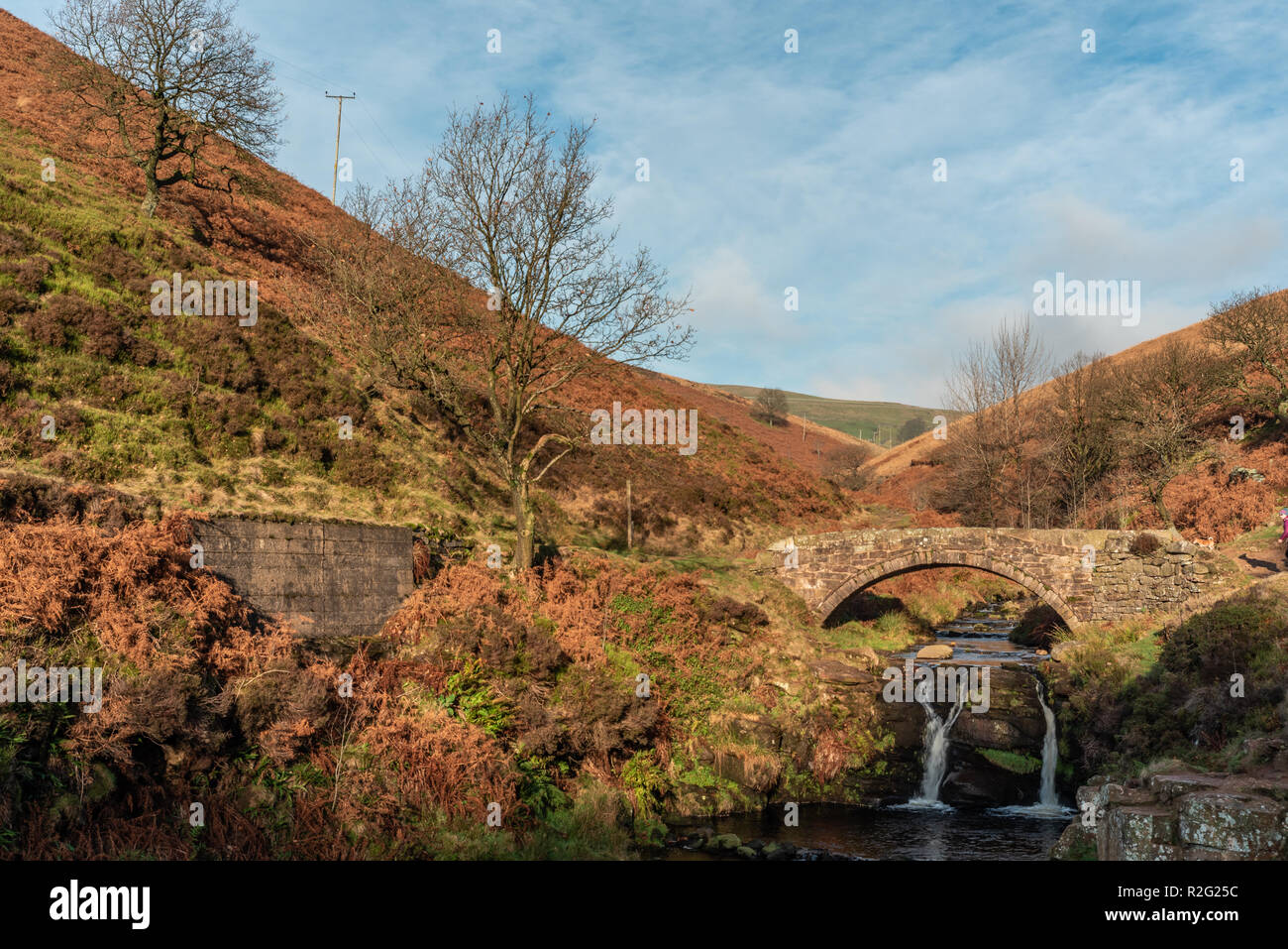 A waterfall and packhorse stone bridge at Three Shires Head in the Peak ...