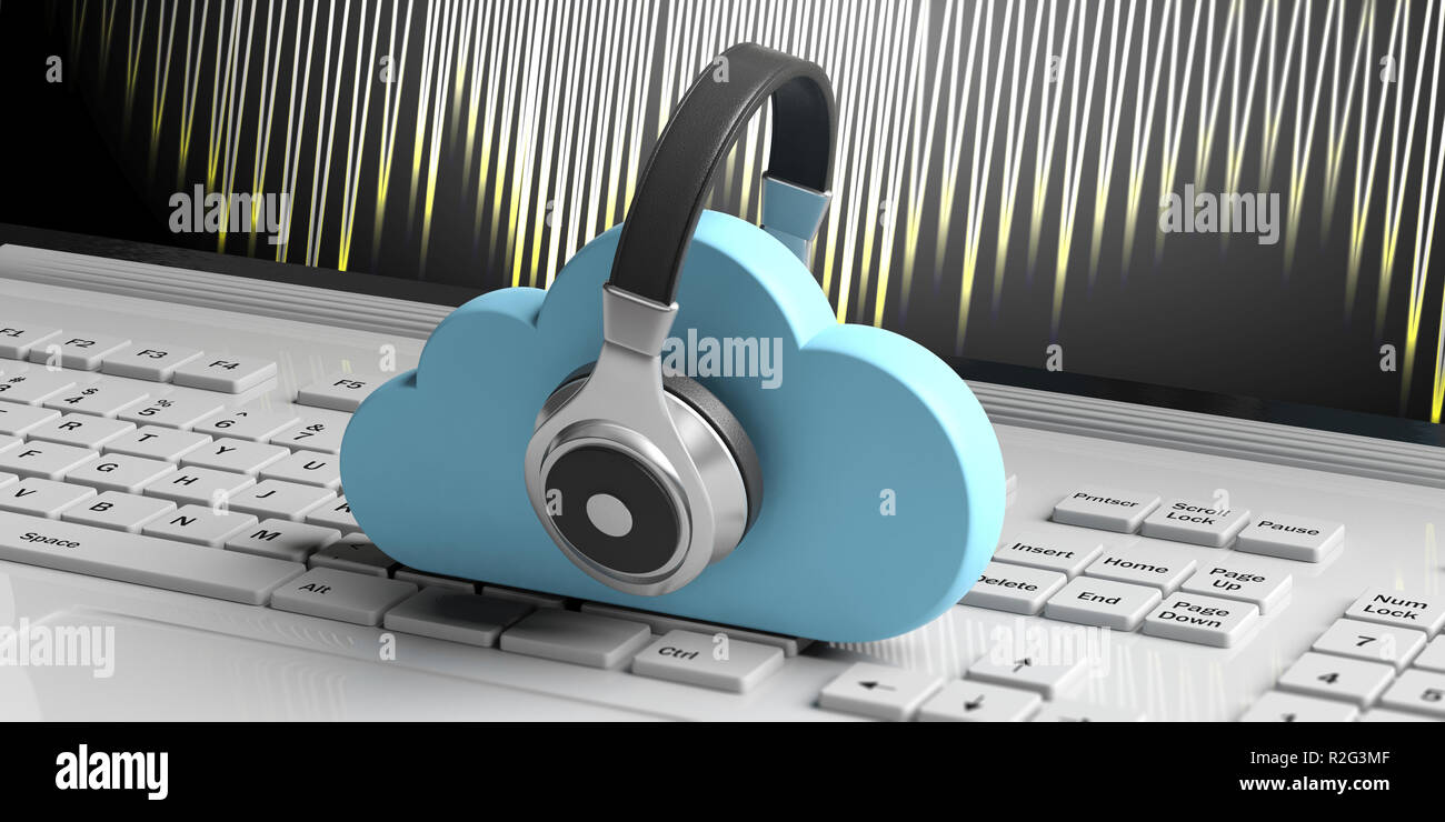 Cloud computing music storage. Blue clouds and headphones on computer ...