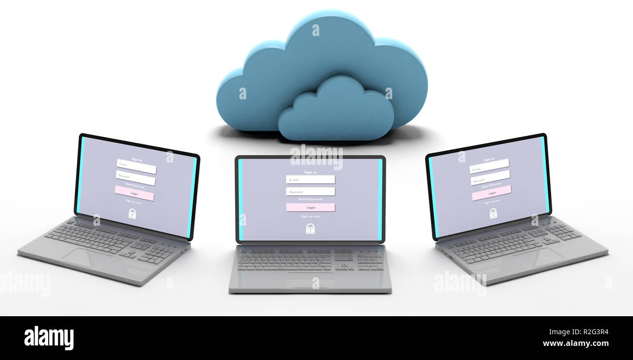 Computer cloud concept, Clouds and computers laptops, isolated on white ...