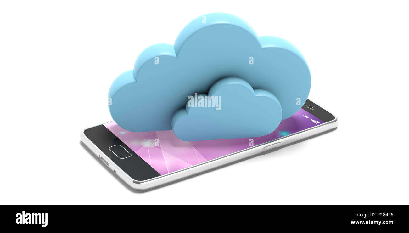 Cloud computing, mobile phone. Blue clouds on a smartphone, isolated on ...