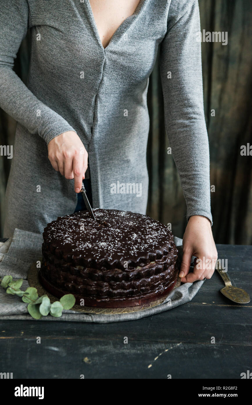 Woman cuts chocolate cake close. Dark tones Stock Photo - Alamy