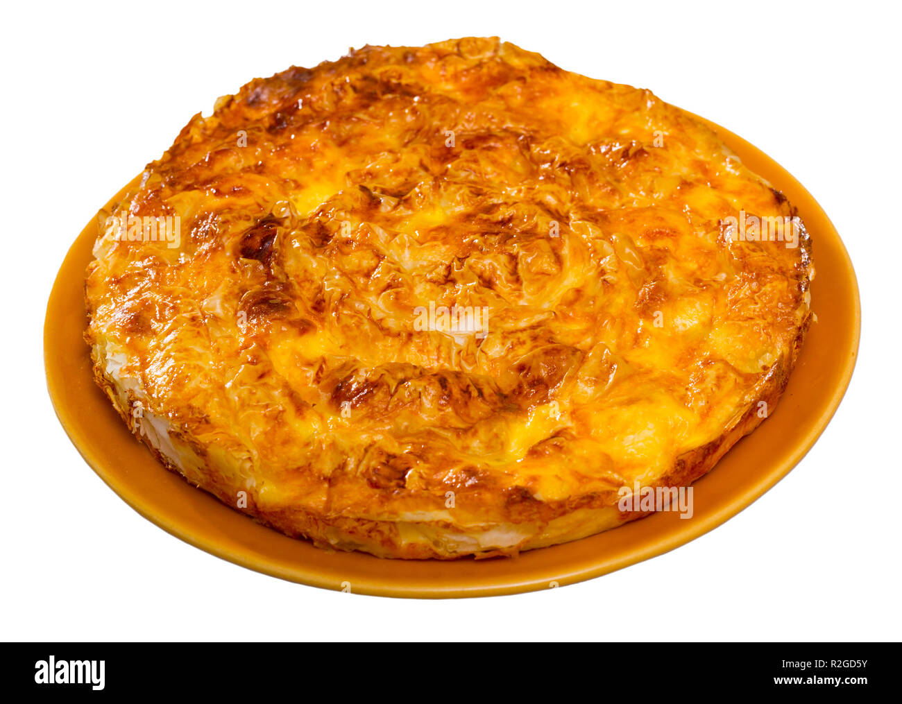 Traditional Bulgarian oven baked filo pie with cheese Banitsa. Isolated ...