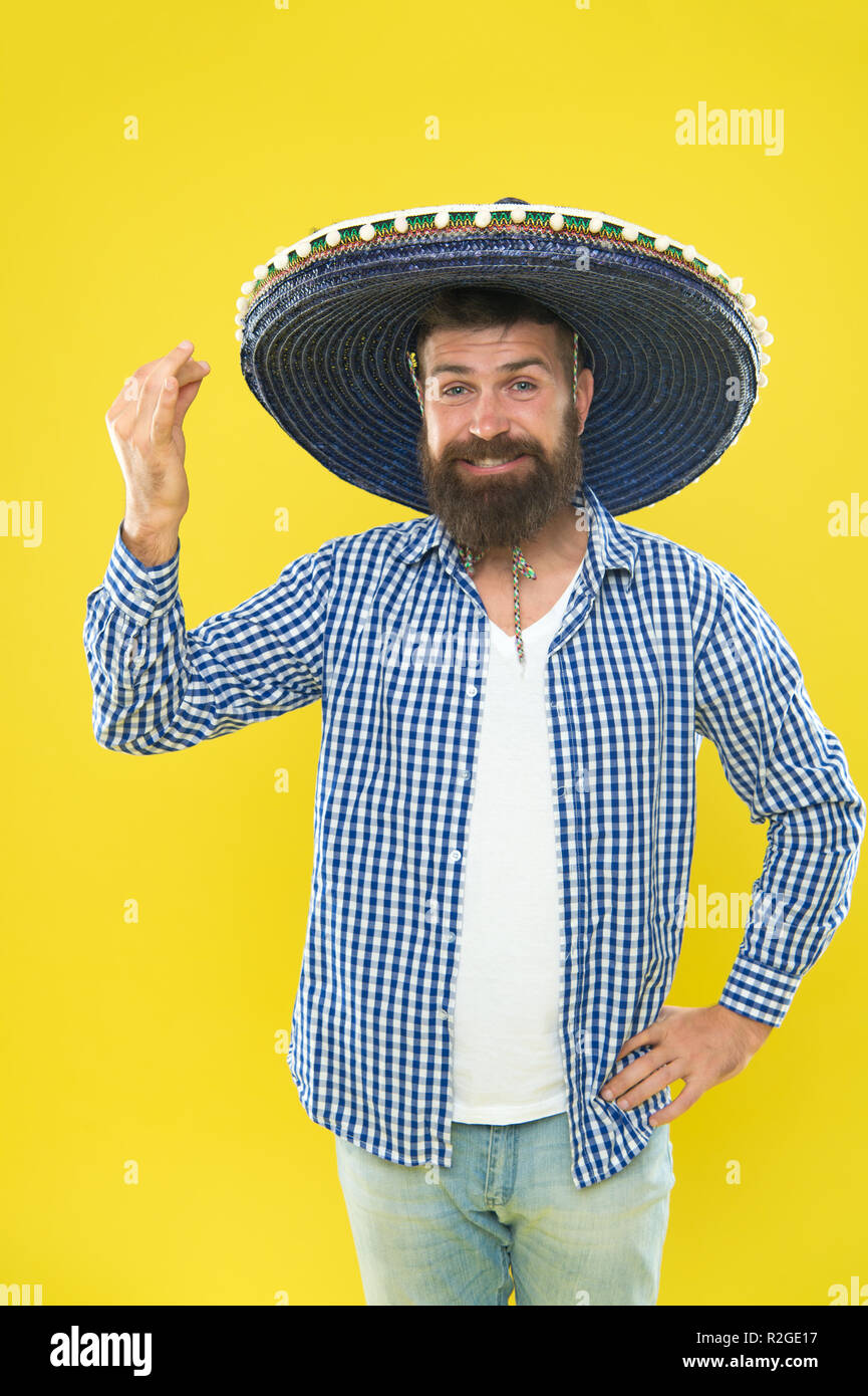 Celebrate traditional mexican holiday. Lets have fun. Mexican guy happy ...