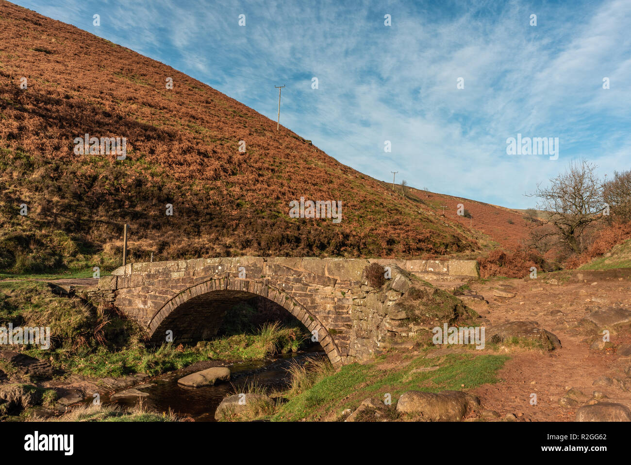 A waterfall and packhorse stone bridge at Three Shires Head in the Peak ...
