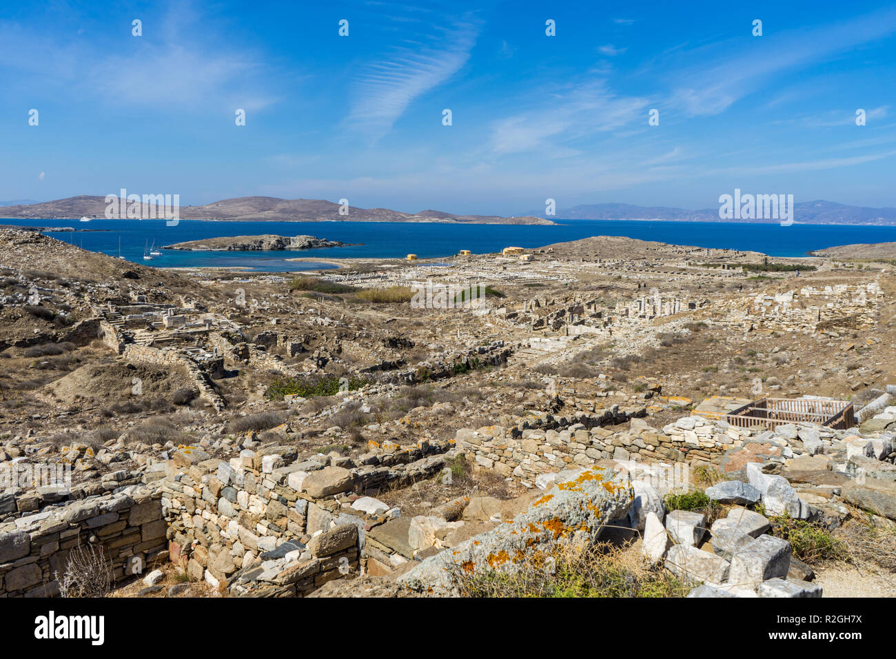 The ancient monuments and ruins on the sacred island of Delos, Greece ...