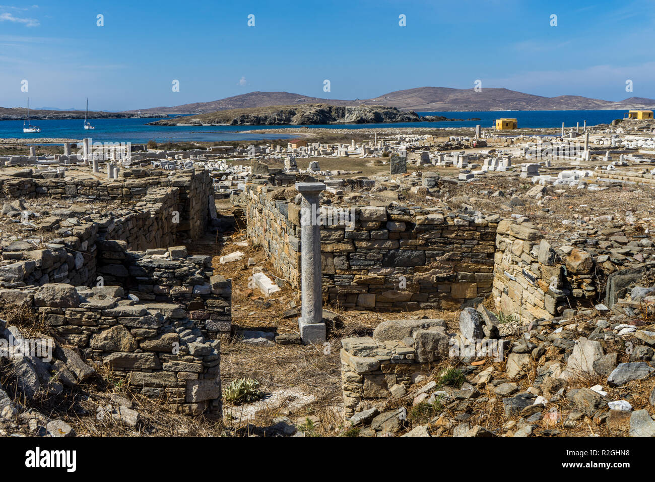 The ancient monuments and ruins on the sacred island of Delos, Greece ...