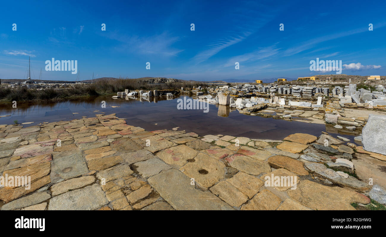 The ancient monuments and ruins on the sacred island of Delos, Greece ...